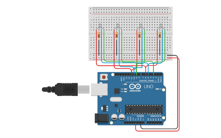 Circuit design Traffic Light using RGB LED - Tinkercad