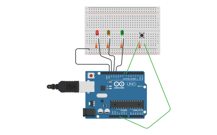 Circuit design Arduino UNO 3 Leds - Tinkercad
