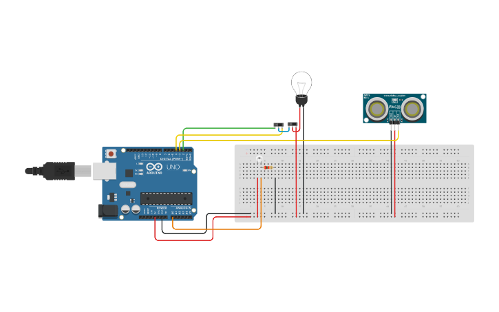 Circuit design LED control: Ambient Light Sensor & ultrasonic distance sensor - Tinkercad