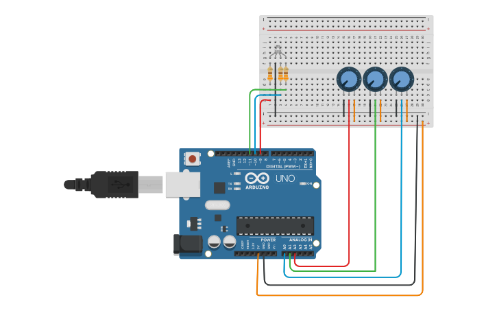 Circuit design led rgb e potenziometro con commenti | Tinkercad
