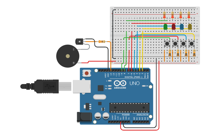 Circuit design Simon Dice - Arduino Uno R3 V2 | Tinkercad