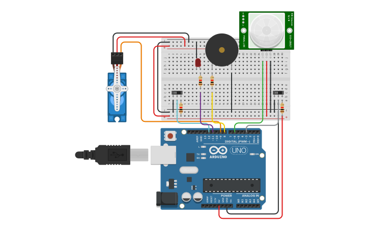 Circuit design práctica servomotor con sensor PIR - Tinkercad