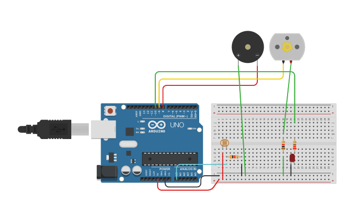 Circuit design Sensor LDR with Led, Buzzer, Motor DC - Tinkercad
