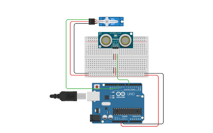 Circuit design Ultrasonic + Servo - Tinkercad