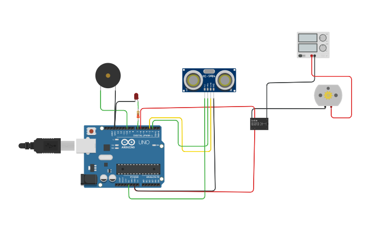 Circuit design Sensor ultrasonik dan Piezo - Tinkercad