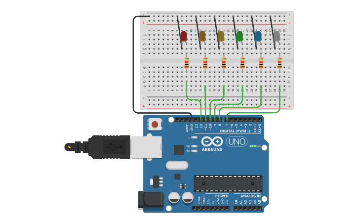 Circuit design circuito No.6, Bloque 4 "Subrutinas" Arduino - Tinkercad