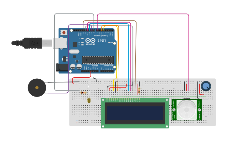 Circuit design Pir sensor, LCD display, LED, potentiometer &buzzer ... Circuit design Pir sensor, LCD display, LED, potentiometer &buzzer ...
