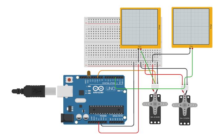 Circuit design Dual Servo mills control | Tinkercad