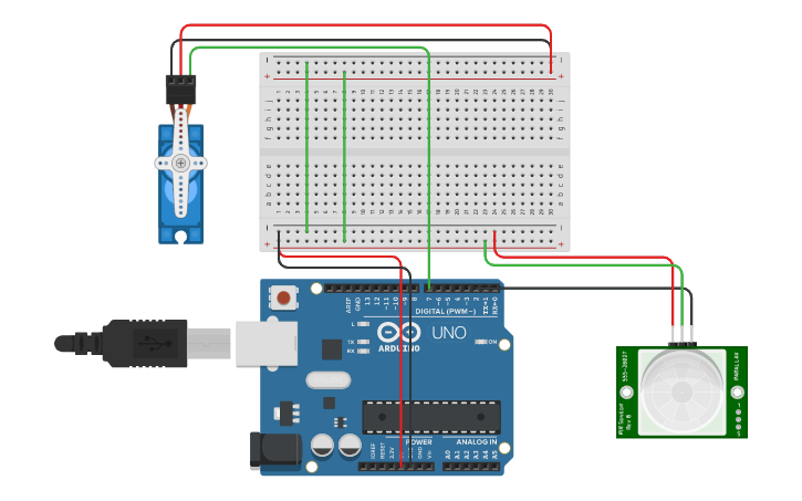 Circuit Design Arduino Sensor Gerak Pintu Otomatis Tinkercad