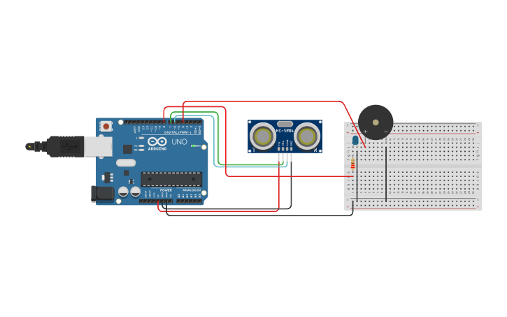 Circuit design Ultrasonic + LED + Buzzer - Tinkercad