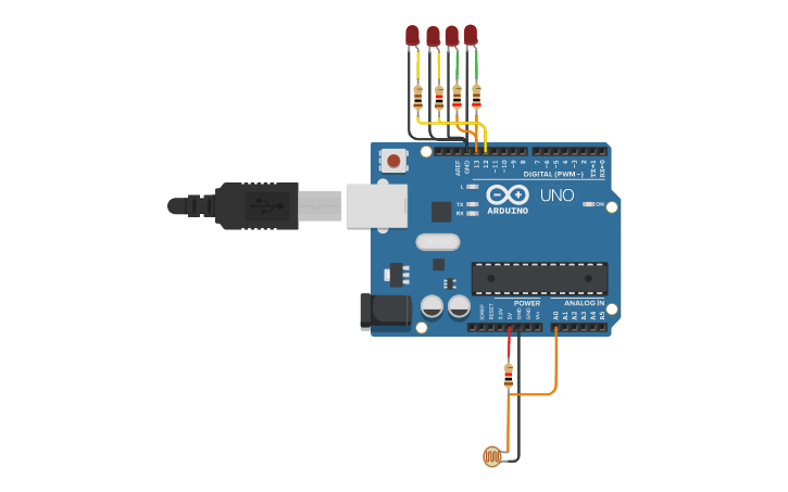 Circuit design arduino led con fotoresistore - Tinkercad