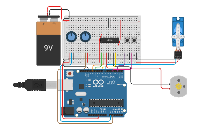 Circuit design Servo and DC motor - Tinkercad