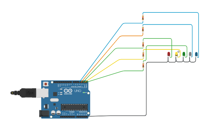 Circuit design ARDUINO CON 5 LEDS DE COLORES - Tinkercad
