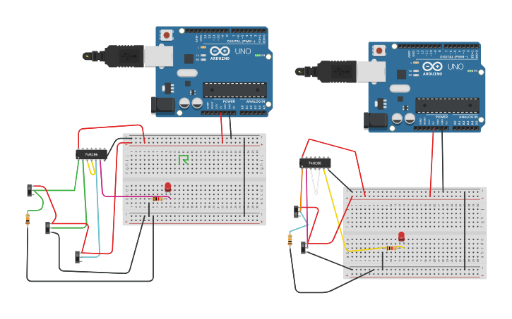 Circuit design Porta Xor duas e três entradas | Tinkercad
