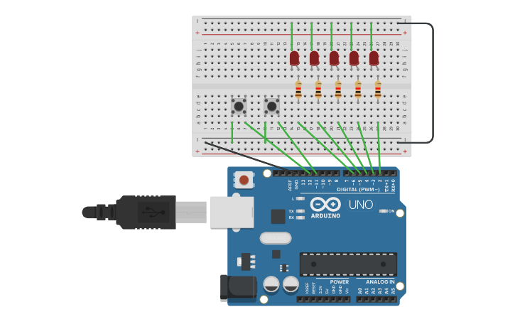 Circuit design TP Arduino - Ejercicio 7 - Escalera de leds - Tinkercad