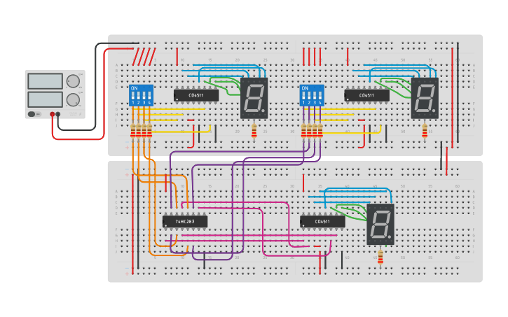 Circuit design Sumador de números de un digito BCD - Tinkercad Circuit design Sumador de números de un digito BCD - Tinkercad