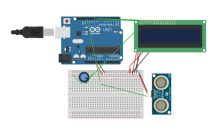 Circuit design EJEMPLO 1 SENSOR DE DISTANCIA(LCD) | Tinkercad
