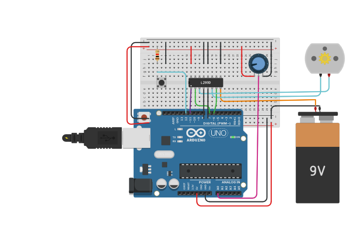 Circuit design Moteur à vitesse variable et rotation inversable - Tinkercad