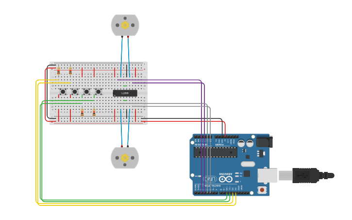 Circuit design 4 Pulsadores 2 Motores | Tinkercad