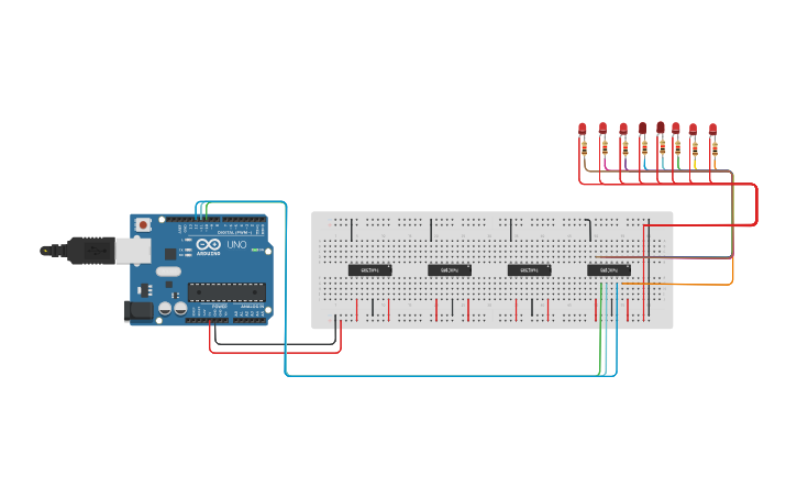 Circuit design L07 74HC595 8x LEDs NPN - Tinkercad
