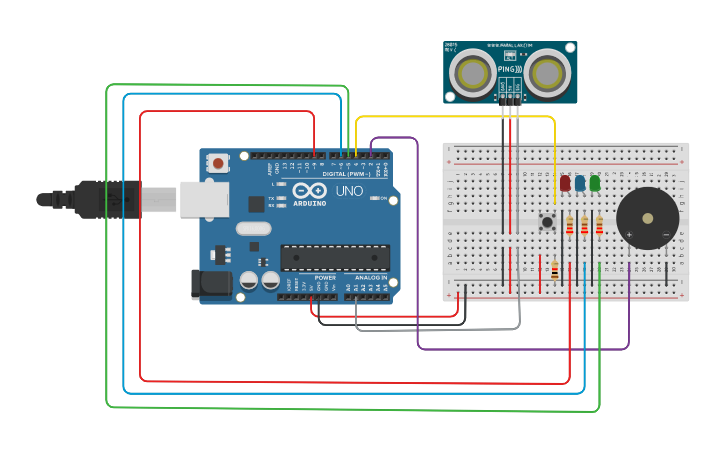 Circuit design Buzzer Alarm with push button and LEDs - Tinkercad