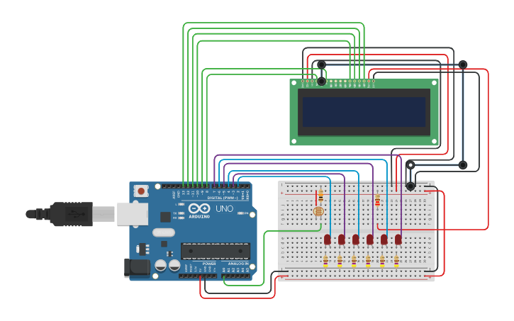 Circuit design LDR, LCD ve LED Kontrolü 6 led - Tinkercad