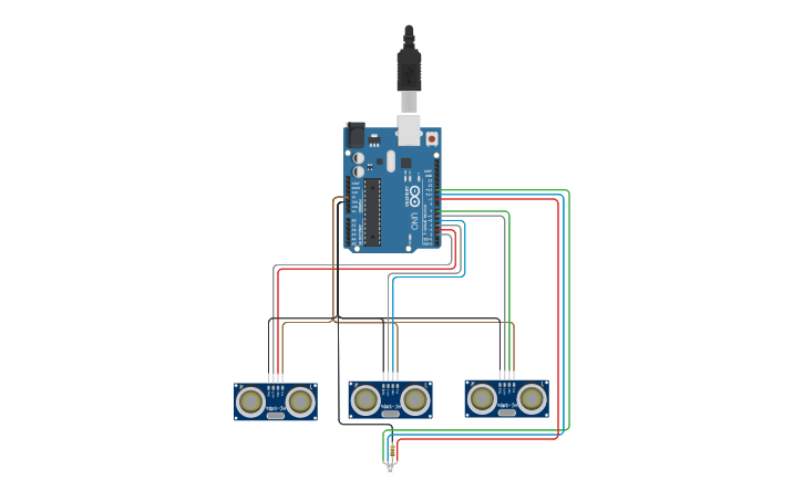 Circuit design 3 Ultrasonic Distance Sensors | RGB LED | - Tinkercad