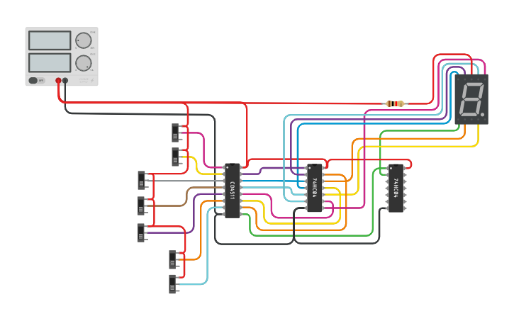 Circuit design špatně 4511 s 4-tlačítky s invertory - Tinkercad