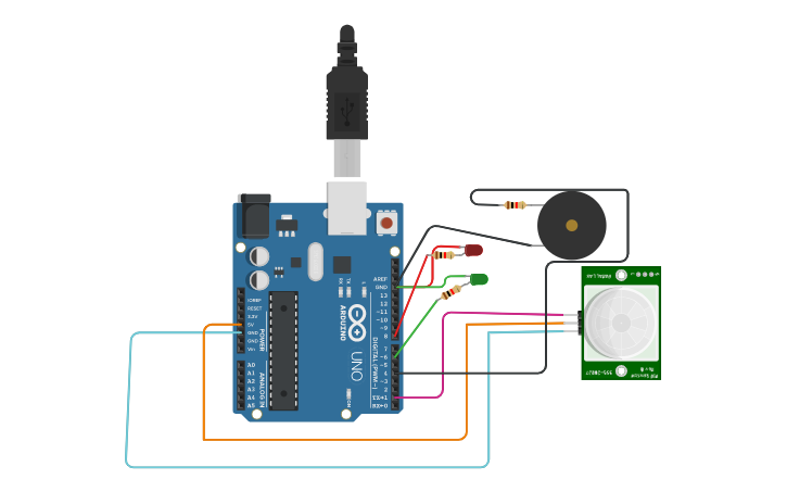 Circuit design Motion sensor+LED+sound - Tinkercad