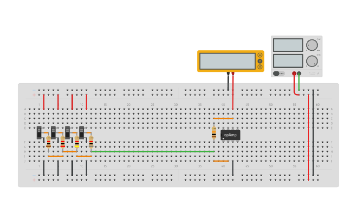 Circuit design 4 bit summing OP AMP (4-bit DAC) - Tinkercad Circuit design 4 bit summing OP AMP (4-bit DAC) - Tinkercad