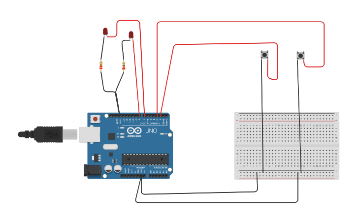 Circuit design two leds two push buttons - Tinkercad