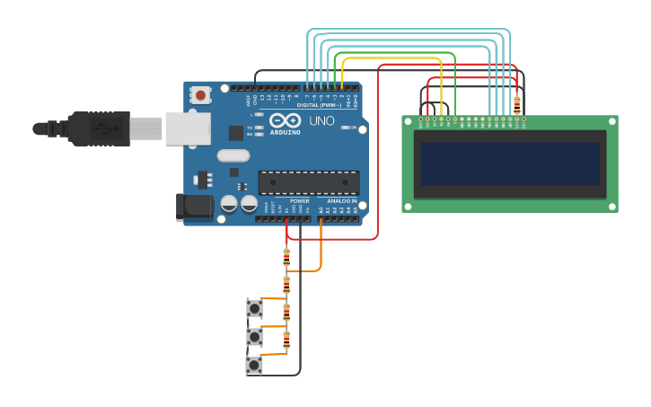 Circuit design Arduino -LCD - contadores - Tinkercad