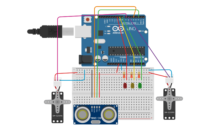 Circuit design Semaforo con Ultrasonico - Tinkercad