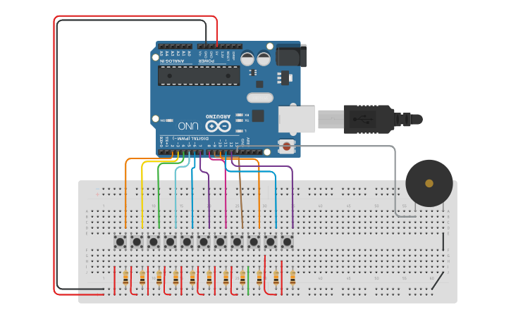 Circuit design piano con arduino - Tinkercad
