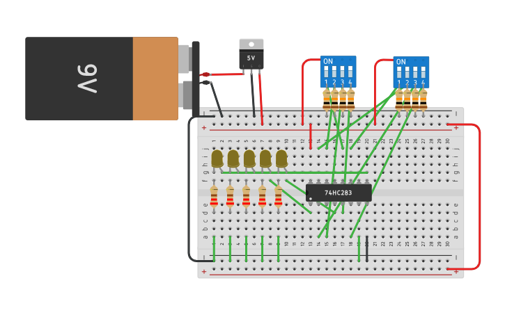 Circuit design Sumador de 4 BITs - Tinkercad Circuit design Sumador de 4 BITs - Tinkercad