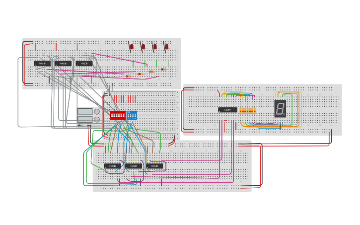 Circuit design Codificador BCD pra BCD 7 segmentos + led - Tinkercad