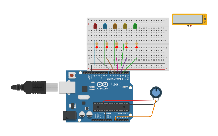 Circuit design Turn-on 5 LED's with a potentiometer and Arduino - Tinkercad
