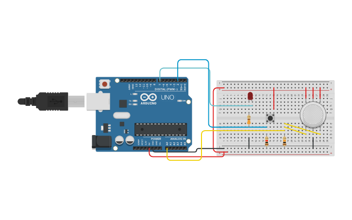Circuit design interfacing gas sensor with push button using arduino - Tinkercad