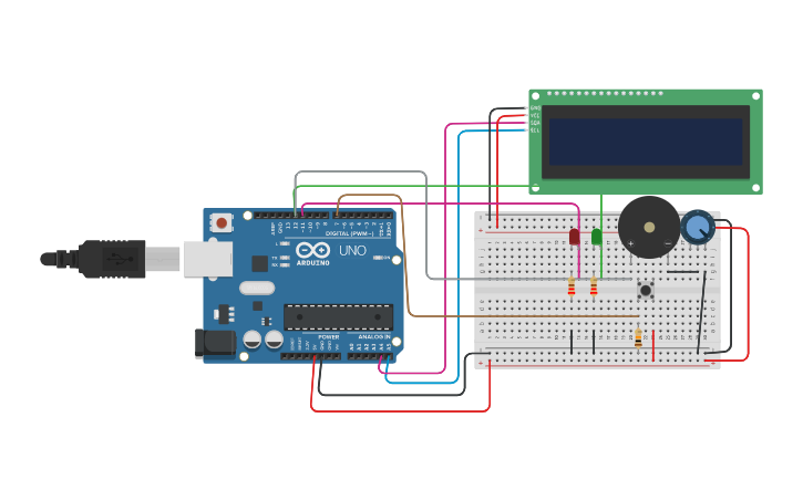 Circuit design Reaction Time Tester - led - lcd display - Tinkercad
