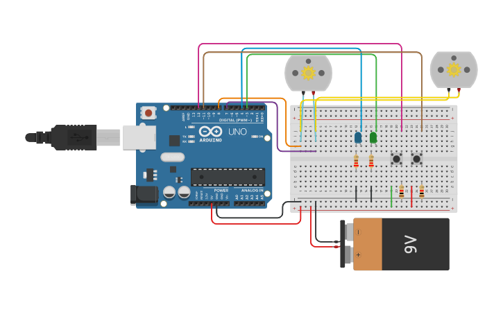 Circuit design Pulsador 2 Motores - Tinkercad