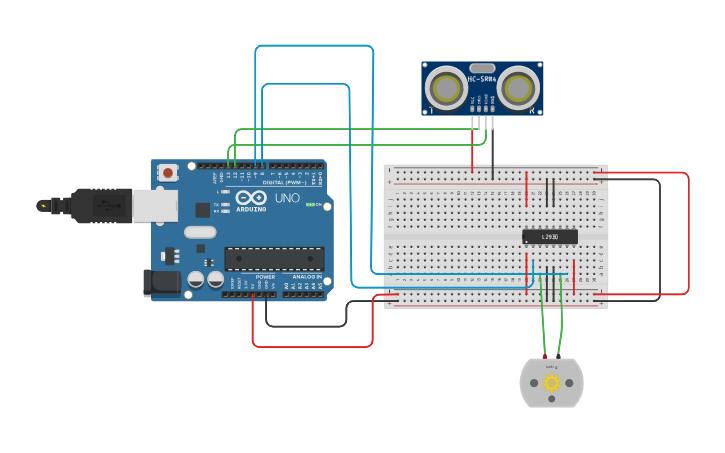 Circuit design Ultrasonic sensor with DC motor - Tinkercad