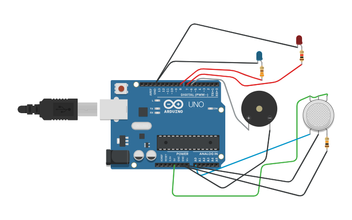 Circuit Design Give Alert Buzzer And Led Using Gas Sensor In Thinkercad Tinkercad