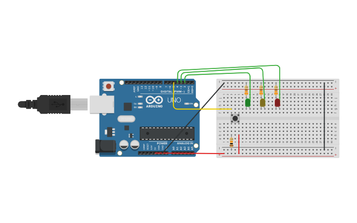 Circuit design One Button three leds - Tinkercad