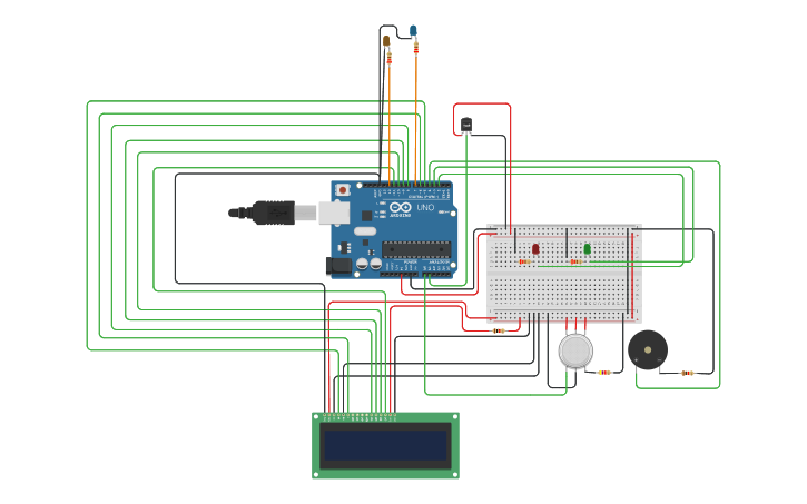 Circuit design Safety control system with Smoke and Fire detection - Tinkercad