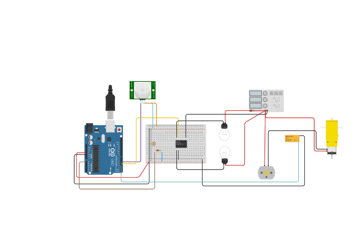 Circuit design Lab 13.3 PIR+RELAY DPDT+ Bulb + Mtr - Tinkercad