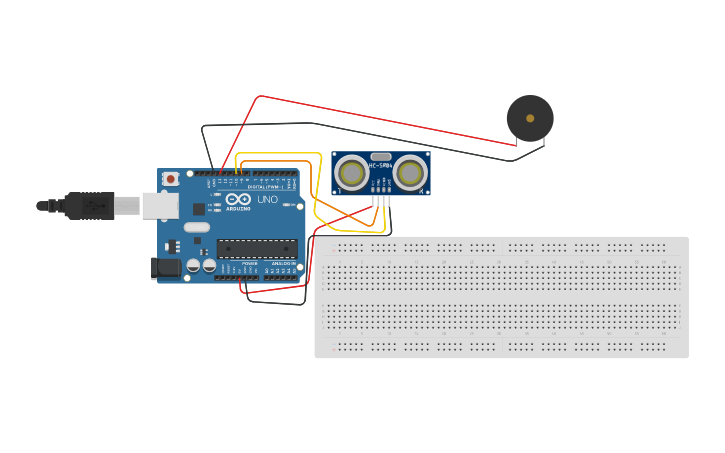 Circuit design HC-SR04 with Buzzer | Tinkercad