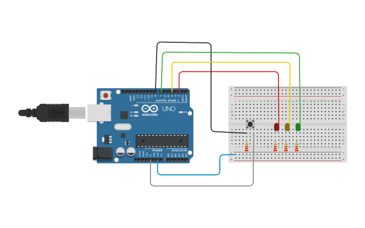 Circuit design SEMAFORO LED CON PULSADOR - Tinkercad