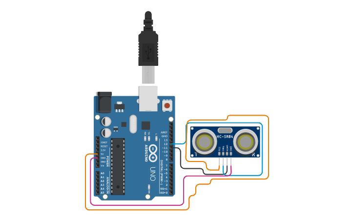 Circuit design Practica 6 Sensor Ultrasónico. | Tinkercad