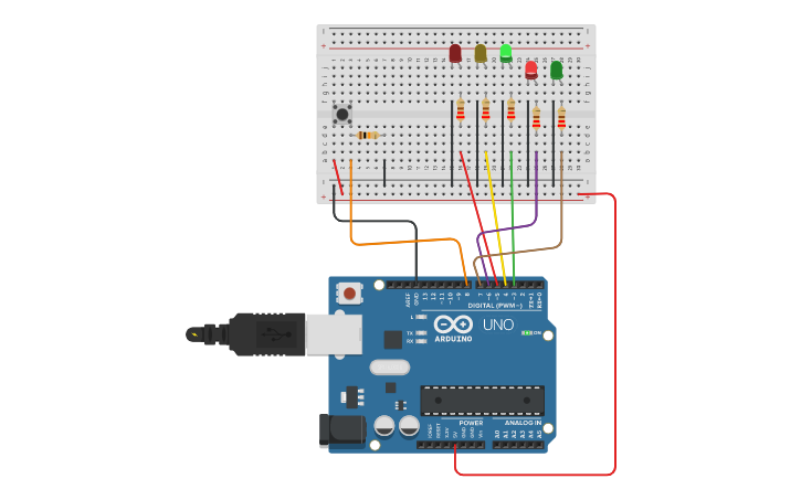 Circuit design Semáforo para peatones y coches con pulsador - Tinkercad