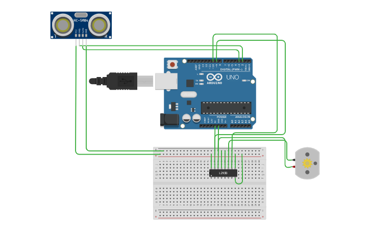 Circuit Design Ultrasonic Sensor And Motor Tinkercad